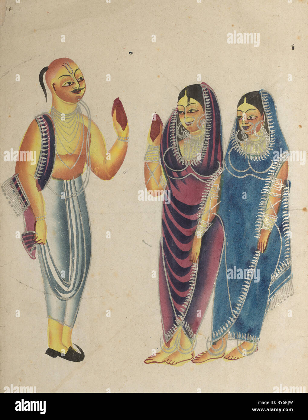 Vaishnava Devotee with Two Women, 1800s. India, Calcutta, Kalighat painting, 19th century. Black ...