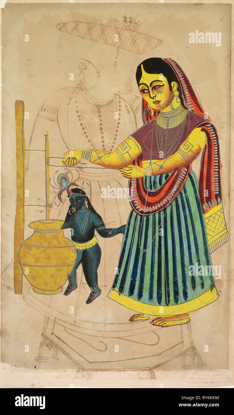 Yasoda Churning Butter, 1800s. India, Calcutta, Kalighat painting, 19th ...