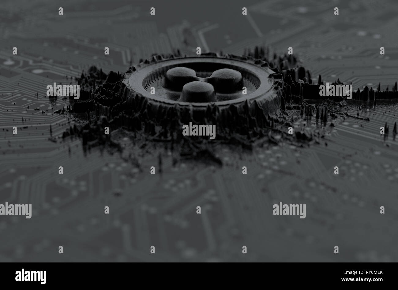 A microscopic concept of black circuit board that reveals a mined ...