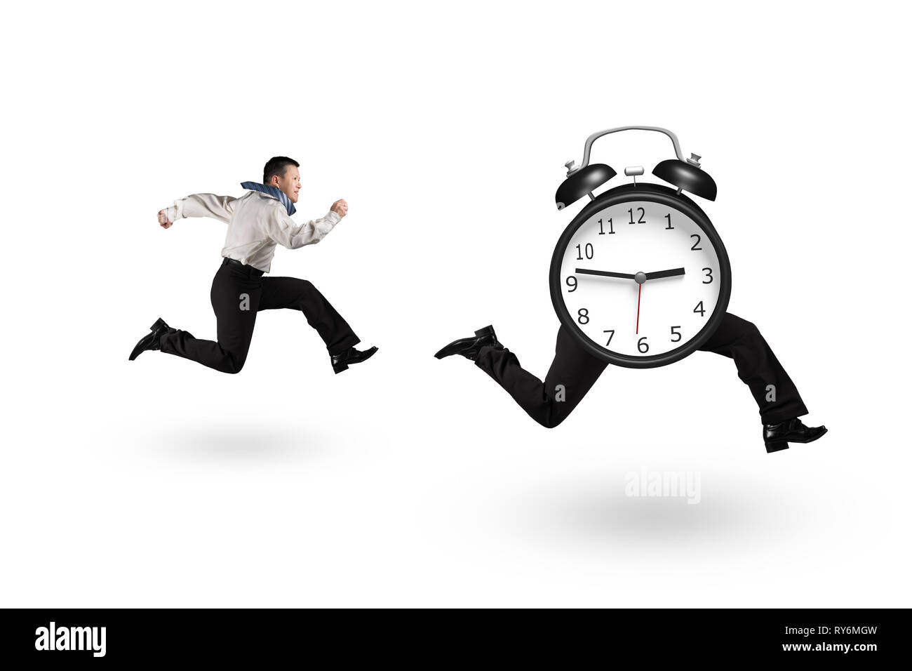 Man running after alarm clock of running legs , isolated on white ...