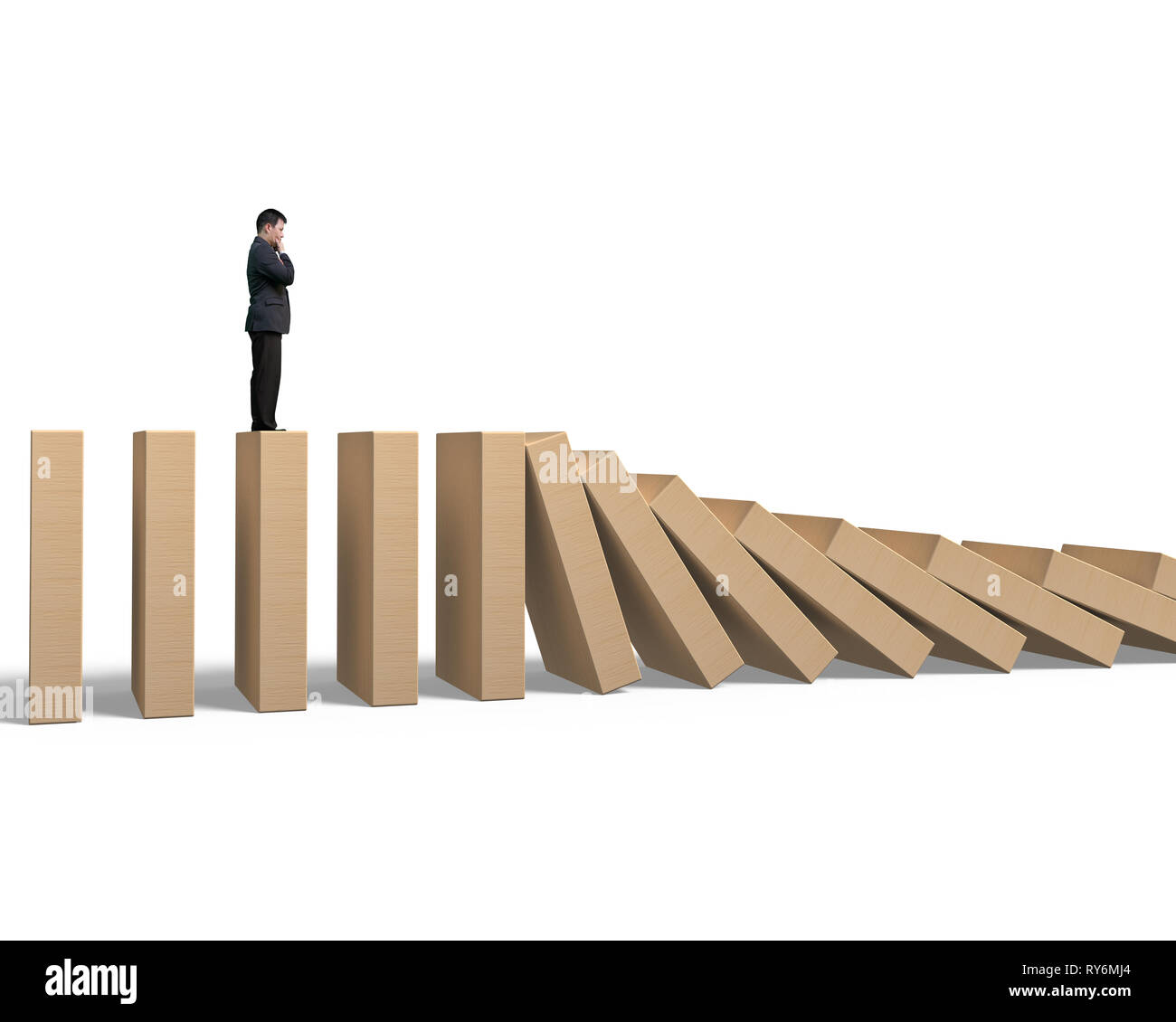 Man standing and thinking on falling wooden dominoes, with hand ...