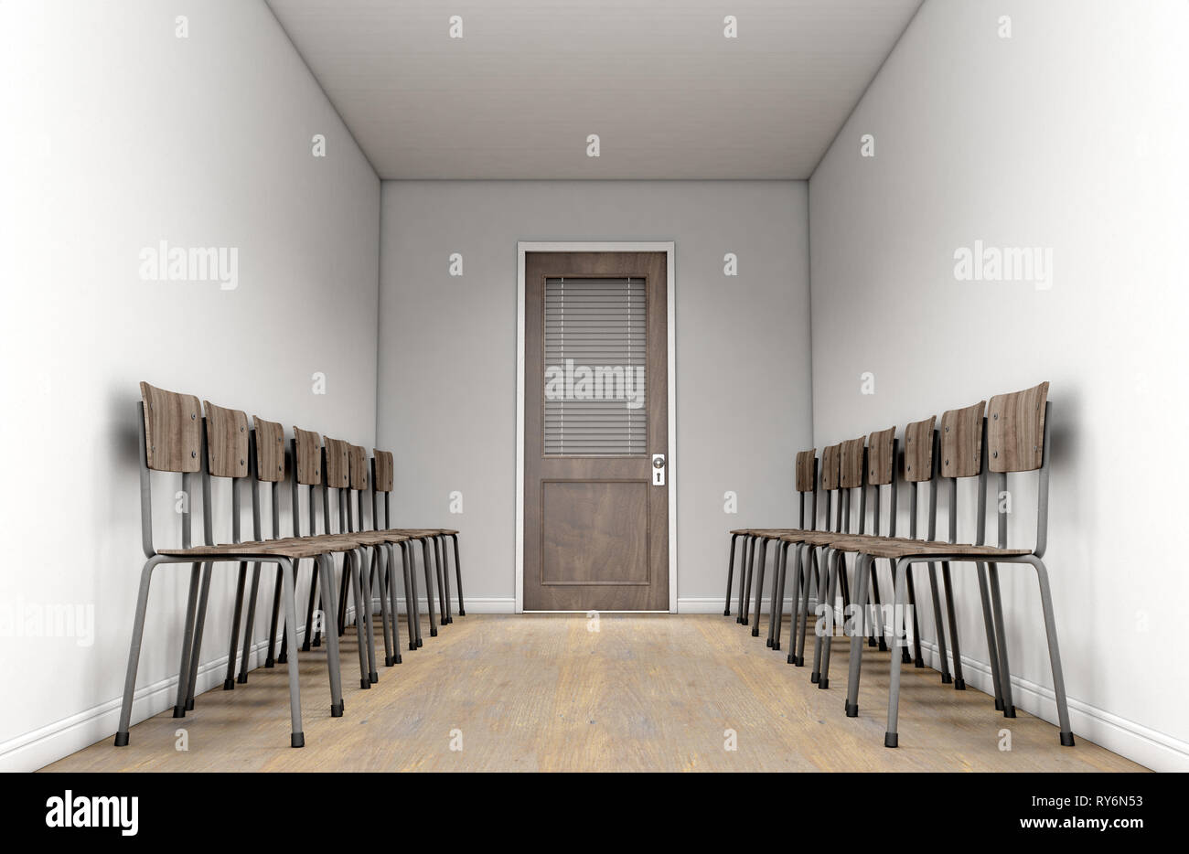 A passage waiting room interior with a shut wooden office door at the ...