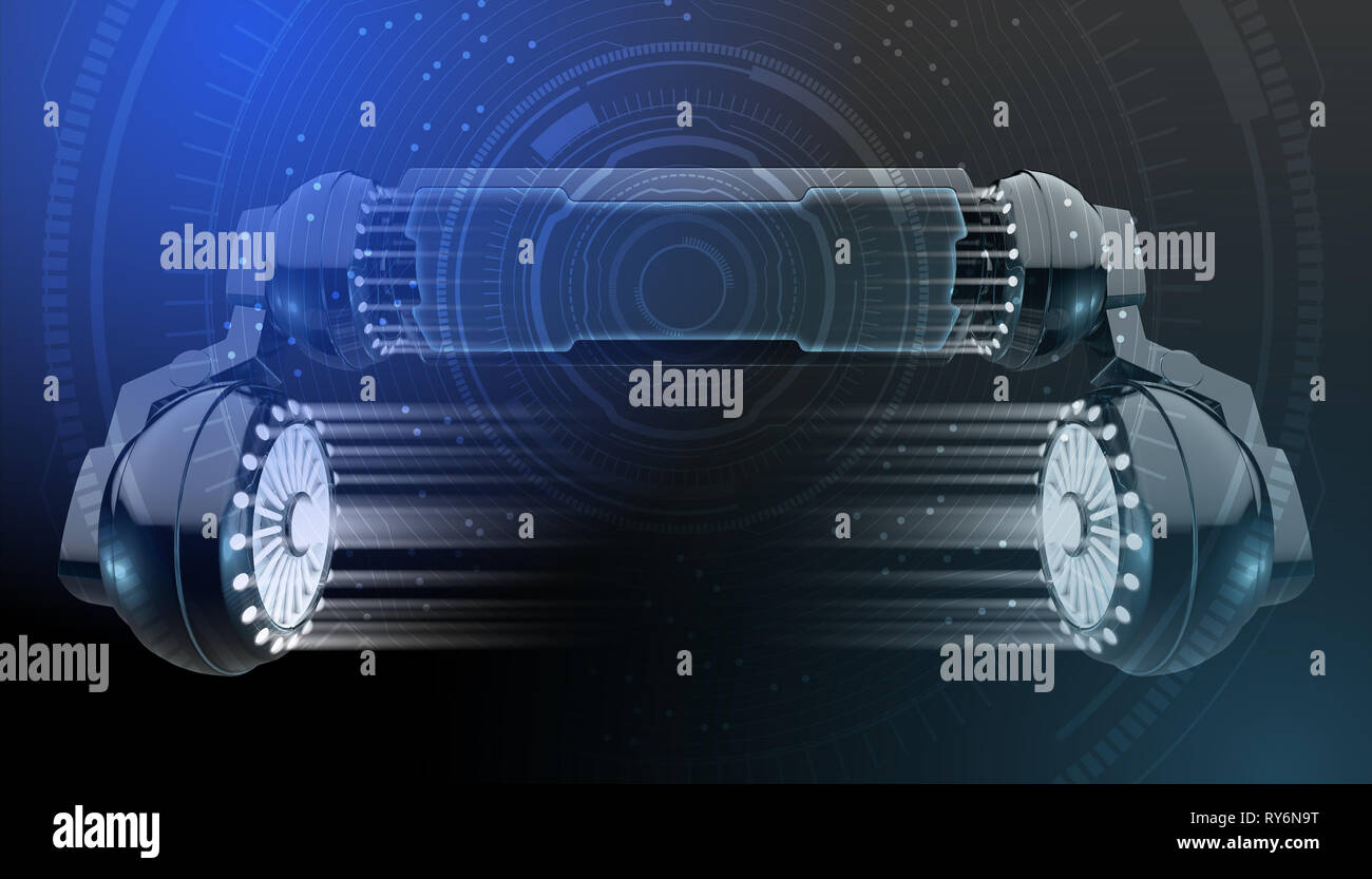 A black futuristic robotic arm device with a screen and a light ...