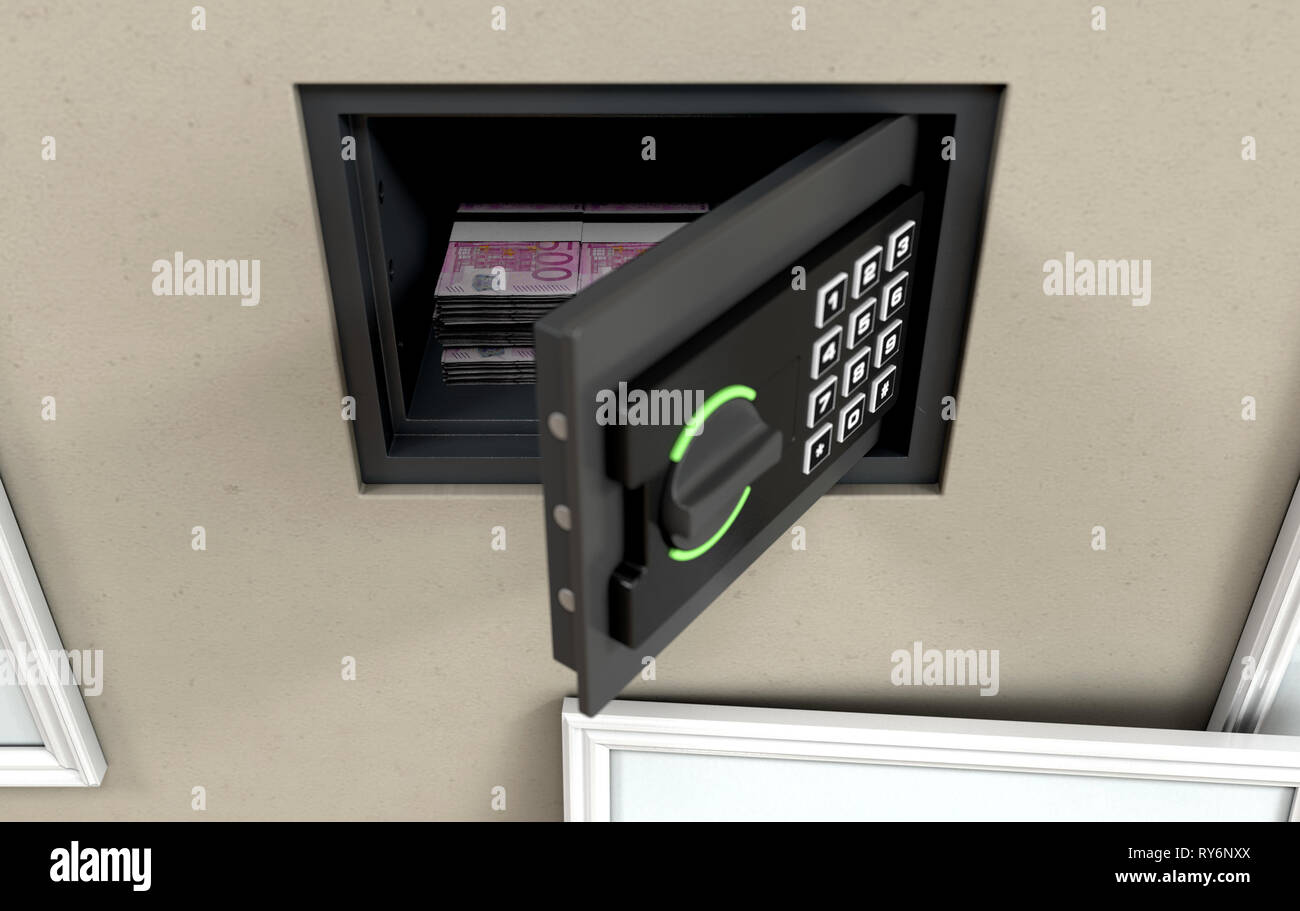 An open hidden wall safe with stacks of euro banknote piles revealed ...