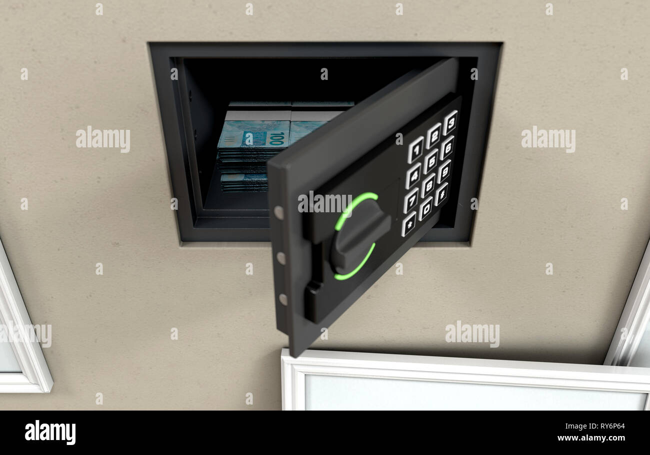 An open hidden wall safe with stacks of banknote piles revealed behind ...