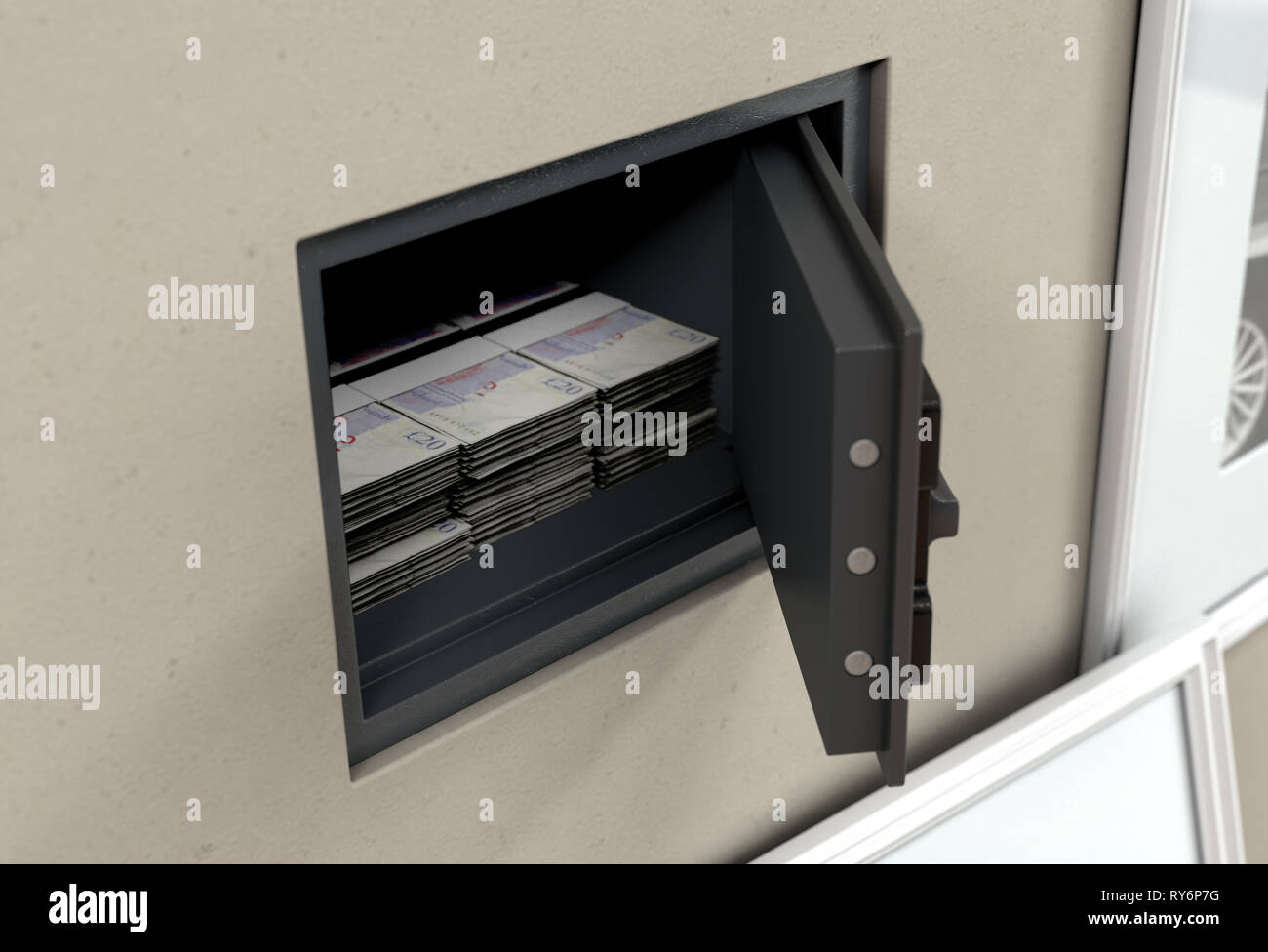 An open hidden wall safe with stacks of banknote piles revealed behind ...