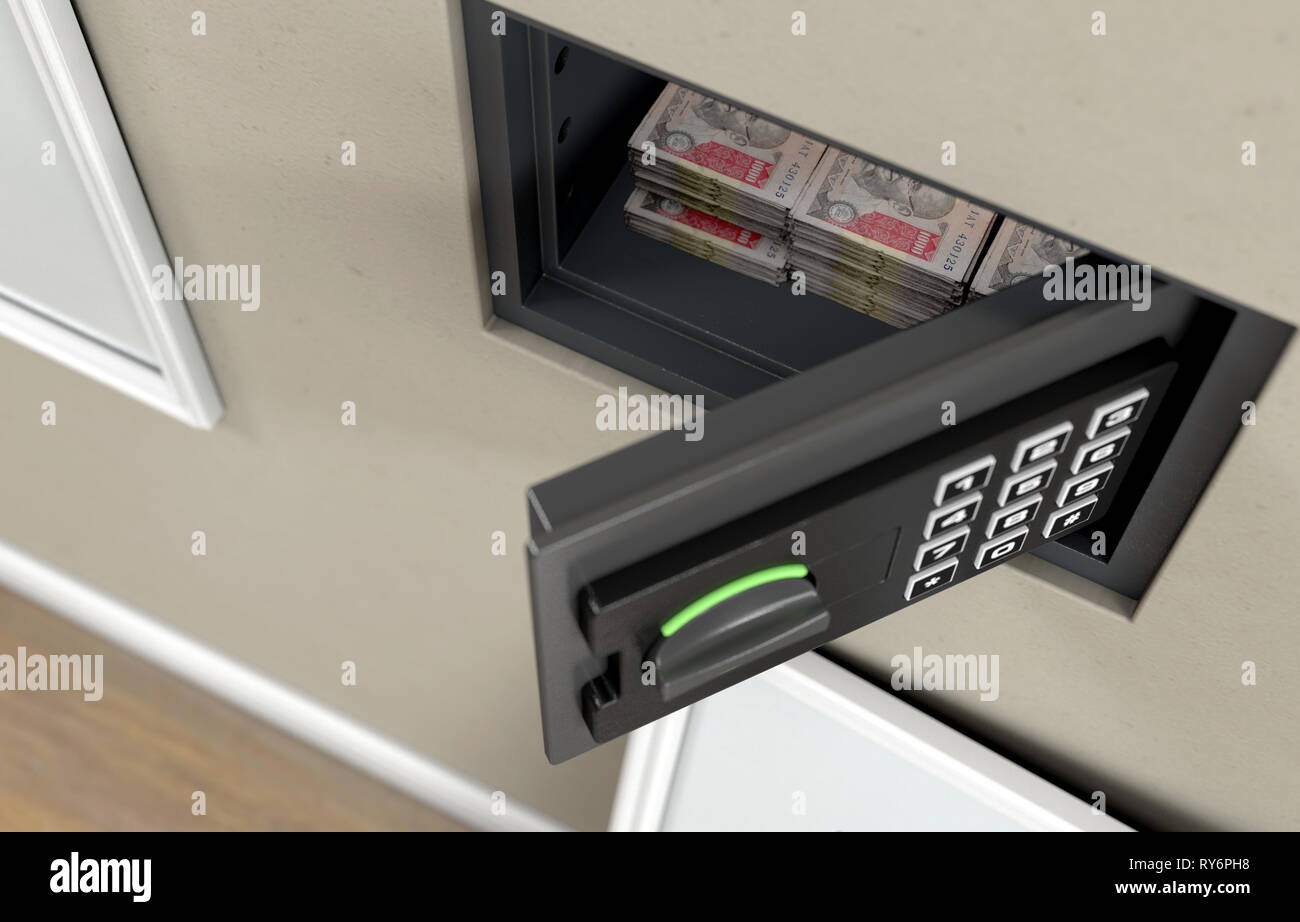 An open hidden wall safe with stacks of banknote piles revealed behind ...