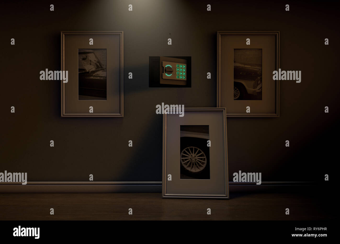 An open hidden wall safe revealed behind a hanging framed picture on a ...