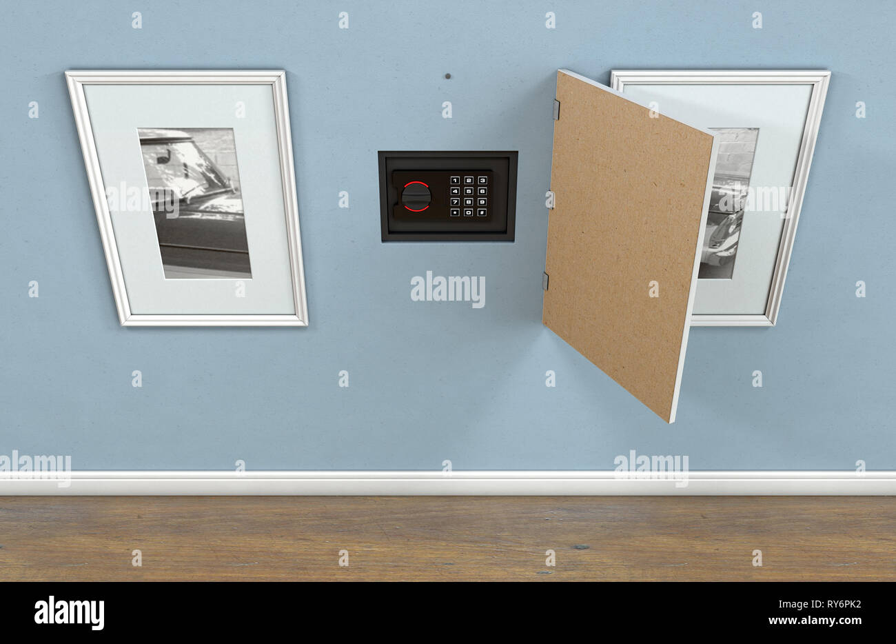 A closed hidden wall safe revealed behind a hanging framed picture on a ...