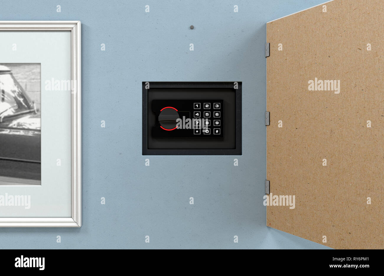 A closed hidden wall safe revealed behind a hanging framed picture on a ...