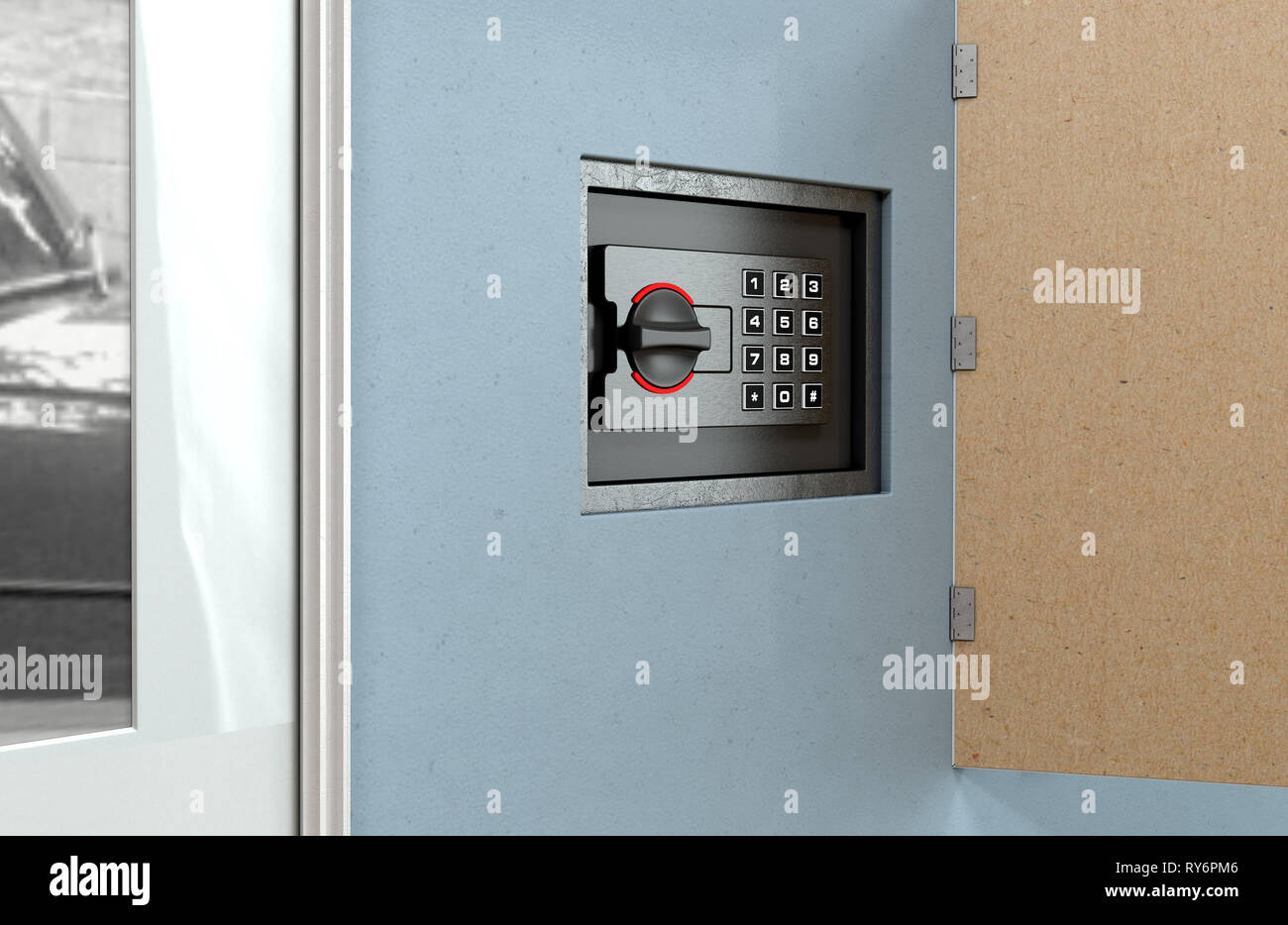 A closed hidden wall safe revealed behind a hanging framed picture on a ...