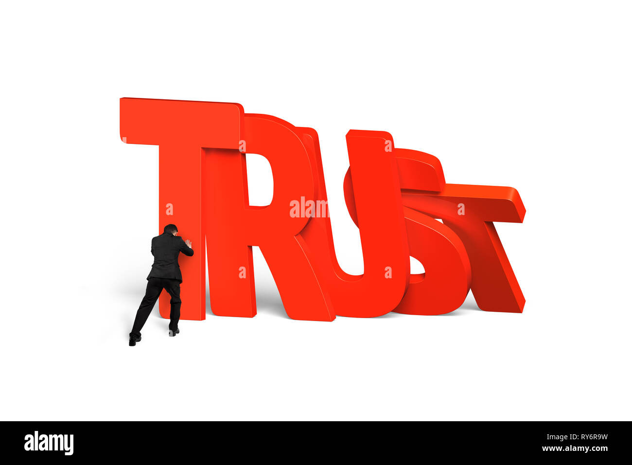 Man stopping red trust word dominoes falling, isolated on white. Domino ...