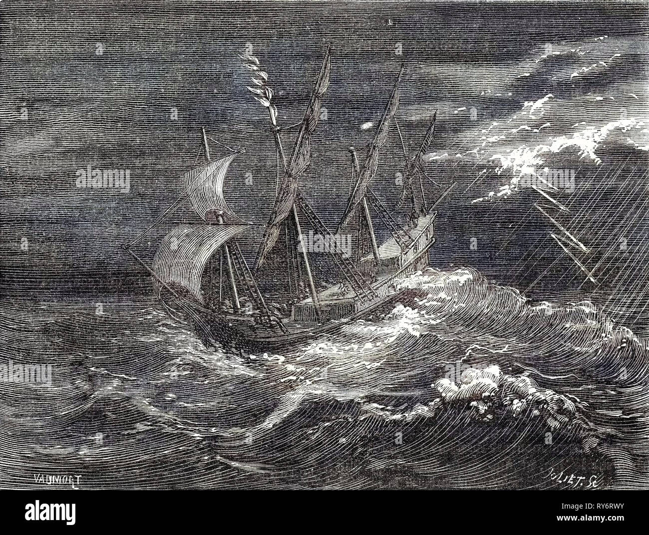 Fire at the Tip of the Mast of Christopher Columbus' Ship Stock Photo ...