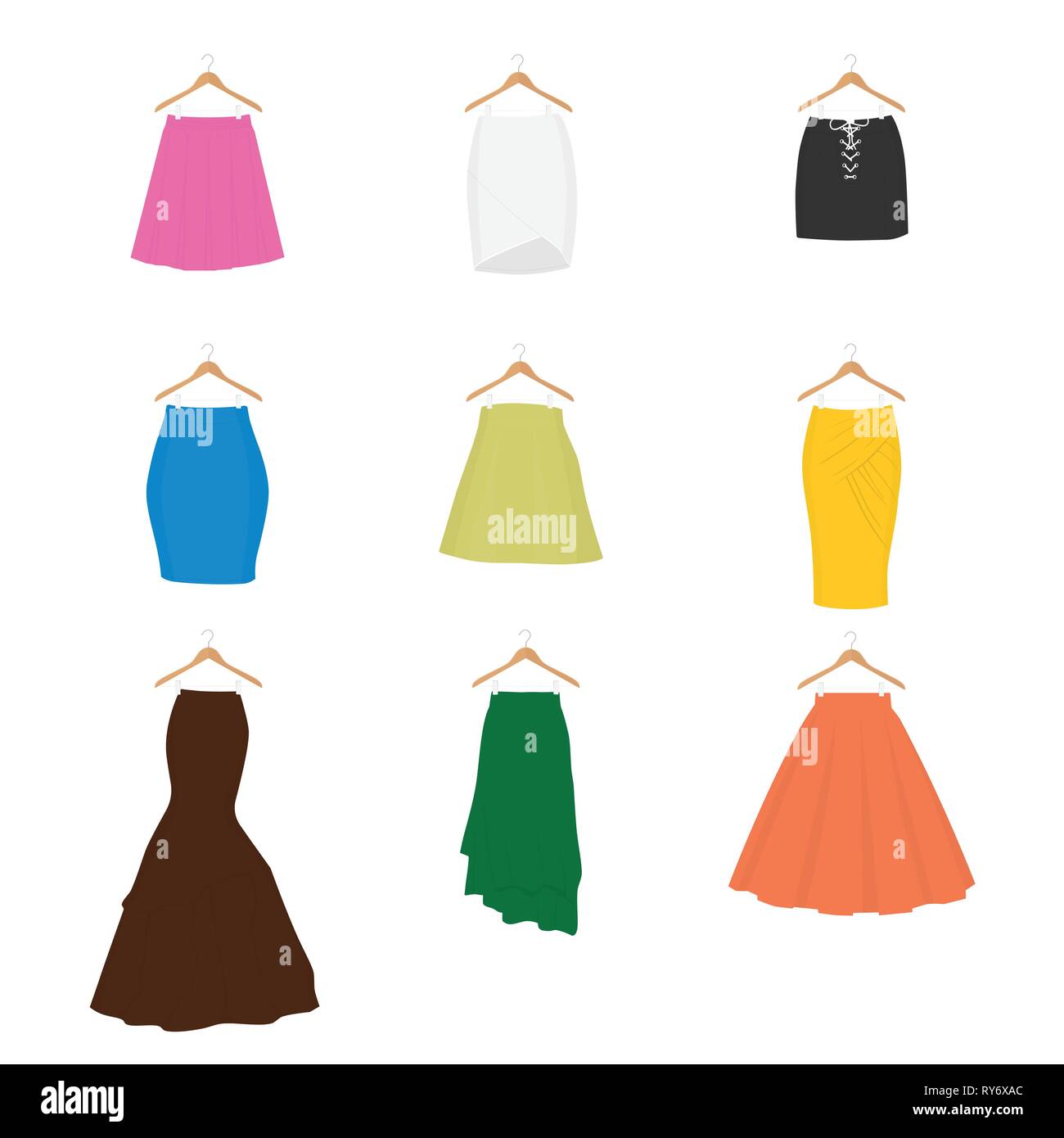 Set Of Different Types Of Skirts On Hangers A Line Tube Mini Pencil