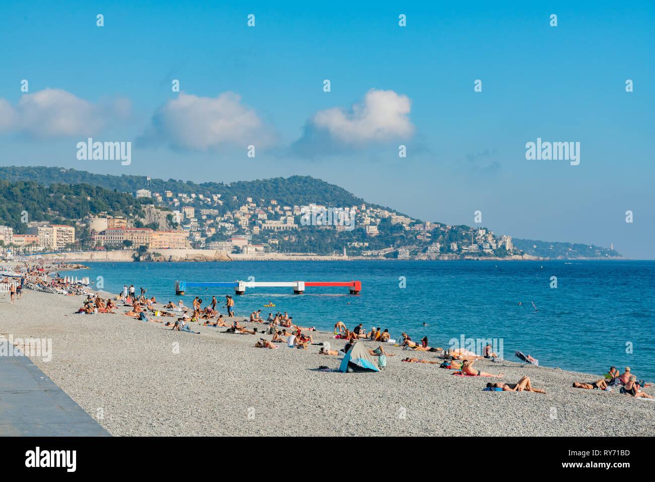 Nice, OCT 20: The beautiful Nice beach with many visitor enjoying ...