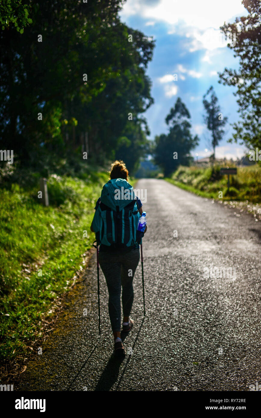 Young female pilgrim walking the Way of Saint James (Camino de Santiago ...