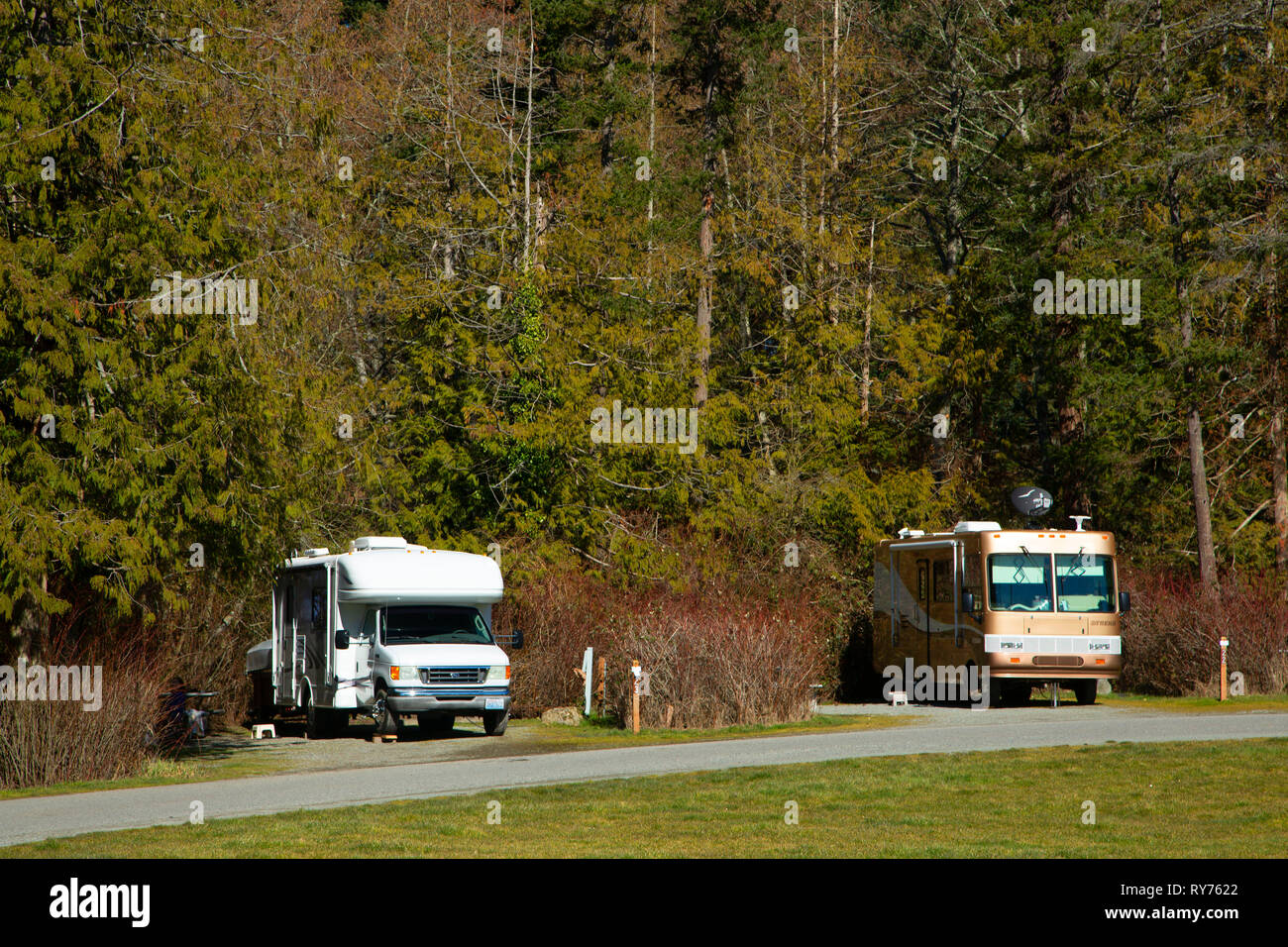 Motorhome in campground, Bay View State Park, Washington Stock Photo ...