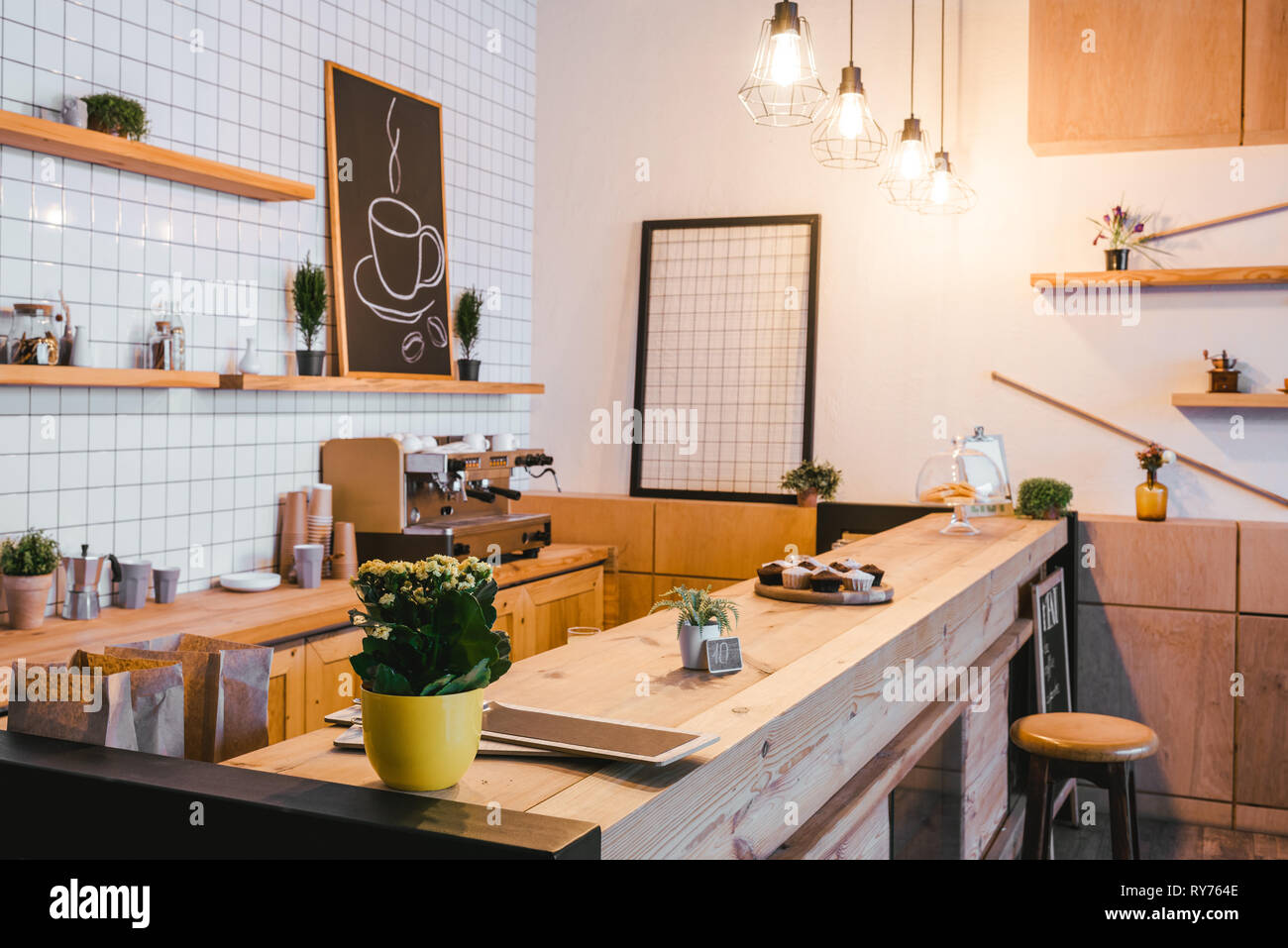 wooden brown bar counter with plants and cupcakes in coffee house Stock ...