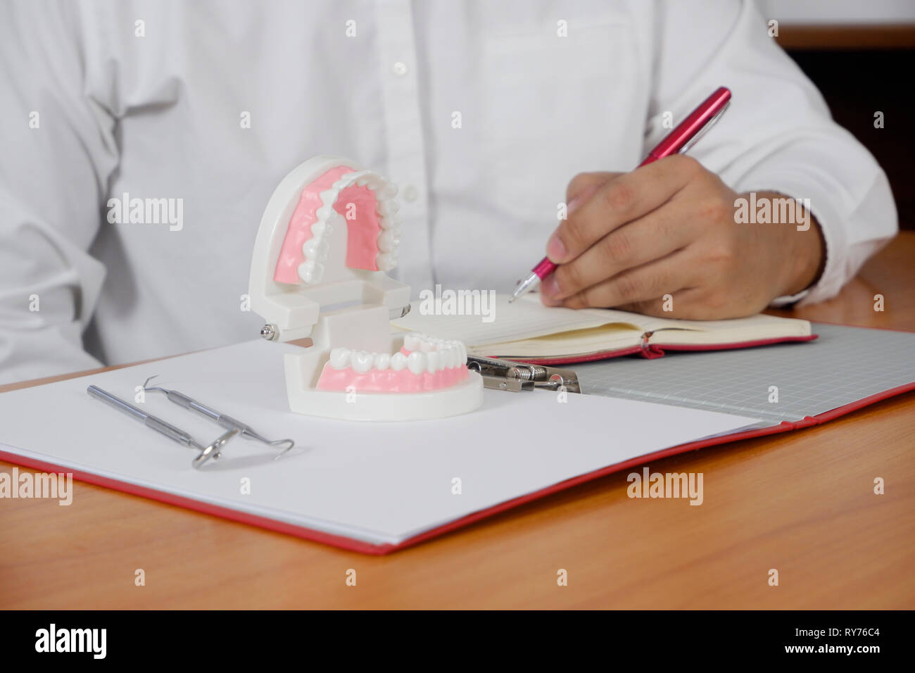 dentist sitting at table with tooth model and tools in professional ...