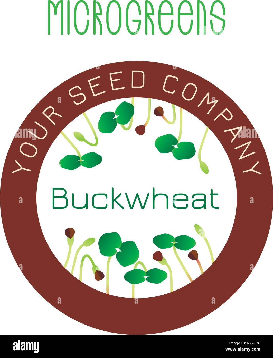 Microgreens Buckwheat. Seed packaging design, round element in the ...