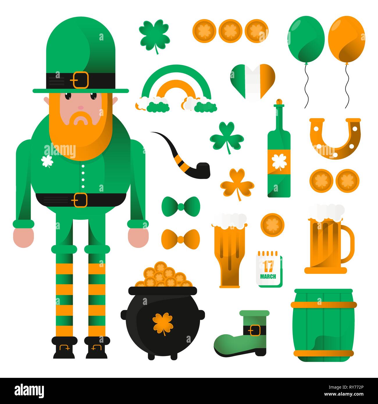 Feast of Saint Patrick. Leprechaun, beer and clover, flat vector icon ...