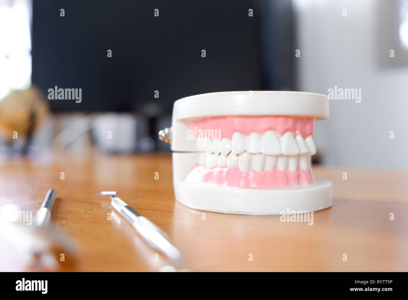 Teeth model on dentist's table in office, dental and medical concept ...