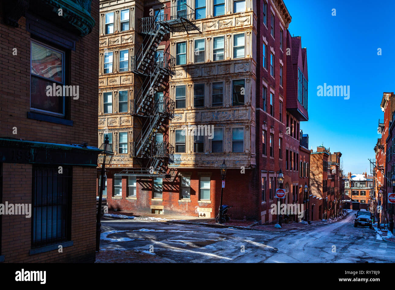 Boston, USA- March 01, 2019: picturesque Boston Streets with brick ...