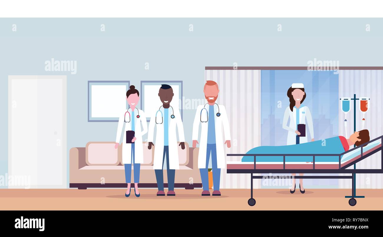 mix race doctors team visiting patient man lying bed intensive therapy ...
