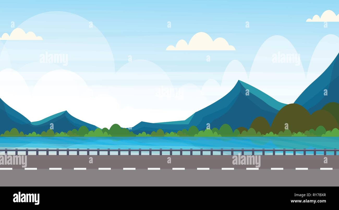 road near river mountain forest woods natural landscape background ...