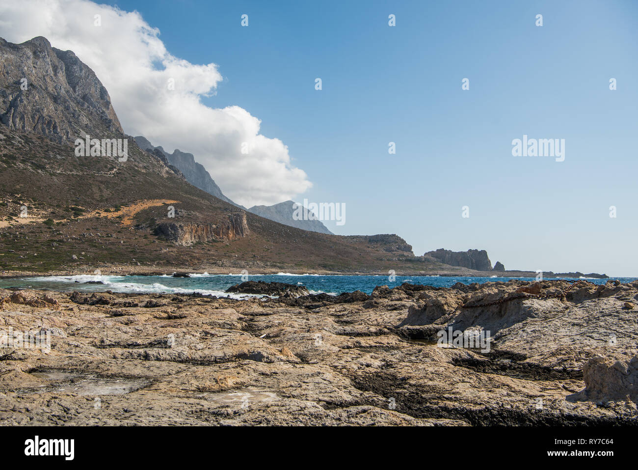 View at sea from Balos lagoon with mountain in background Stock Photo ...