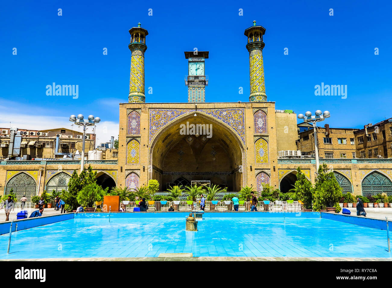 Tehran Grand Bazaar Shah Mosque Gate with Two Minarets and Pond Frontal ...
