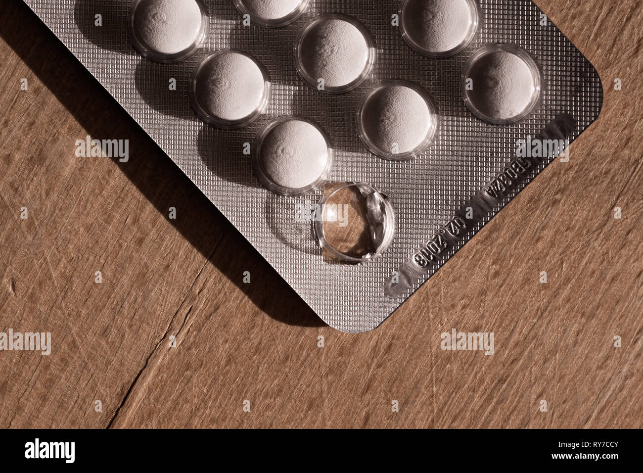 Blister pack stack opened and empty without one tablets pills and ...