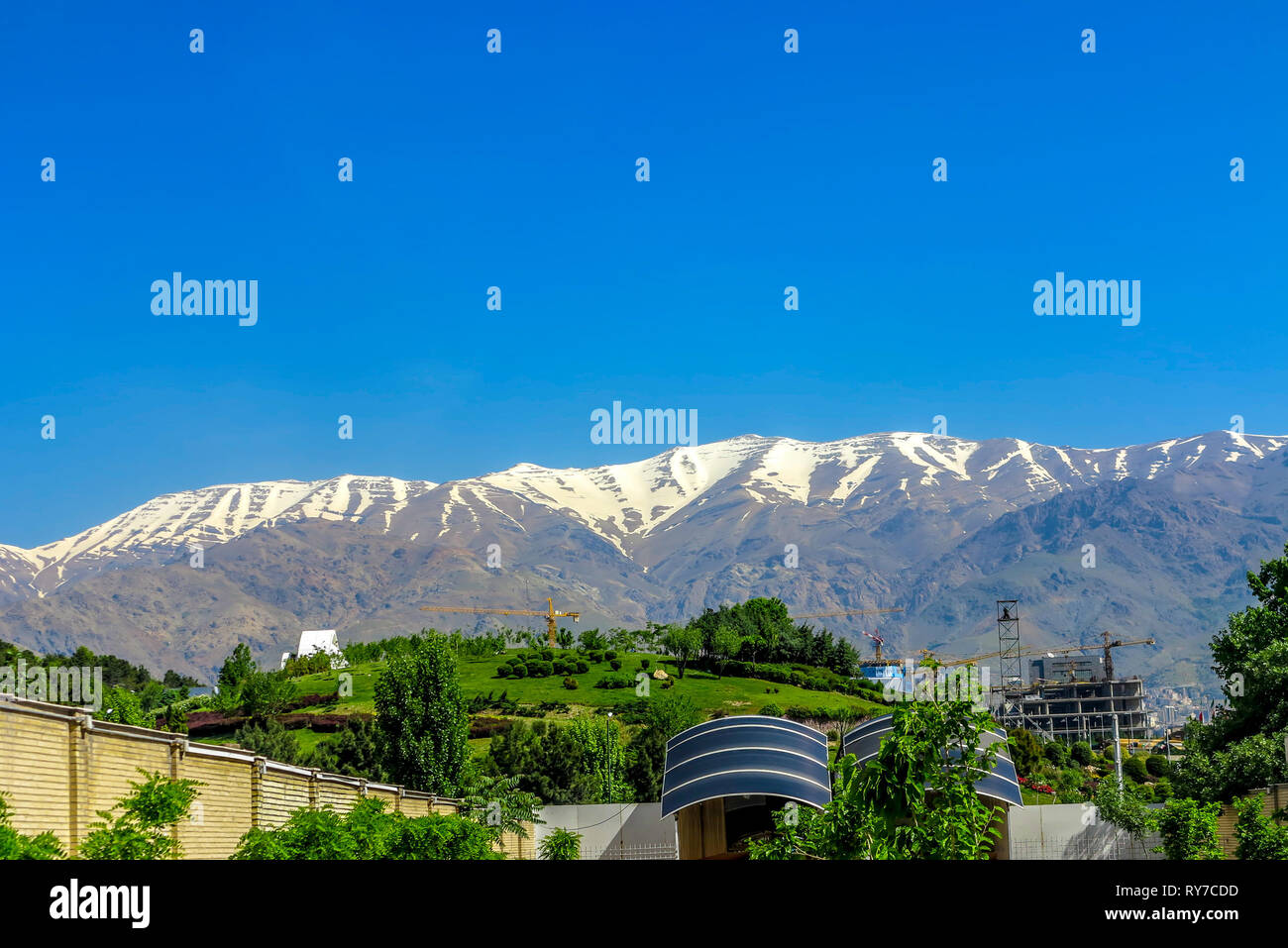 Tehran Ab-o Atash Park with View of Snow Capped Mount Tochal Alborz ...