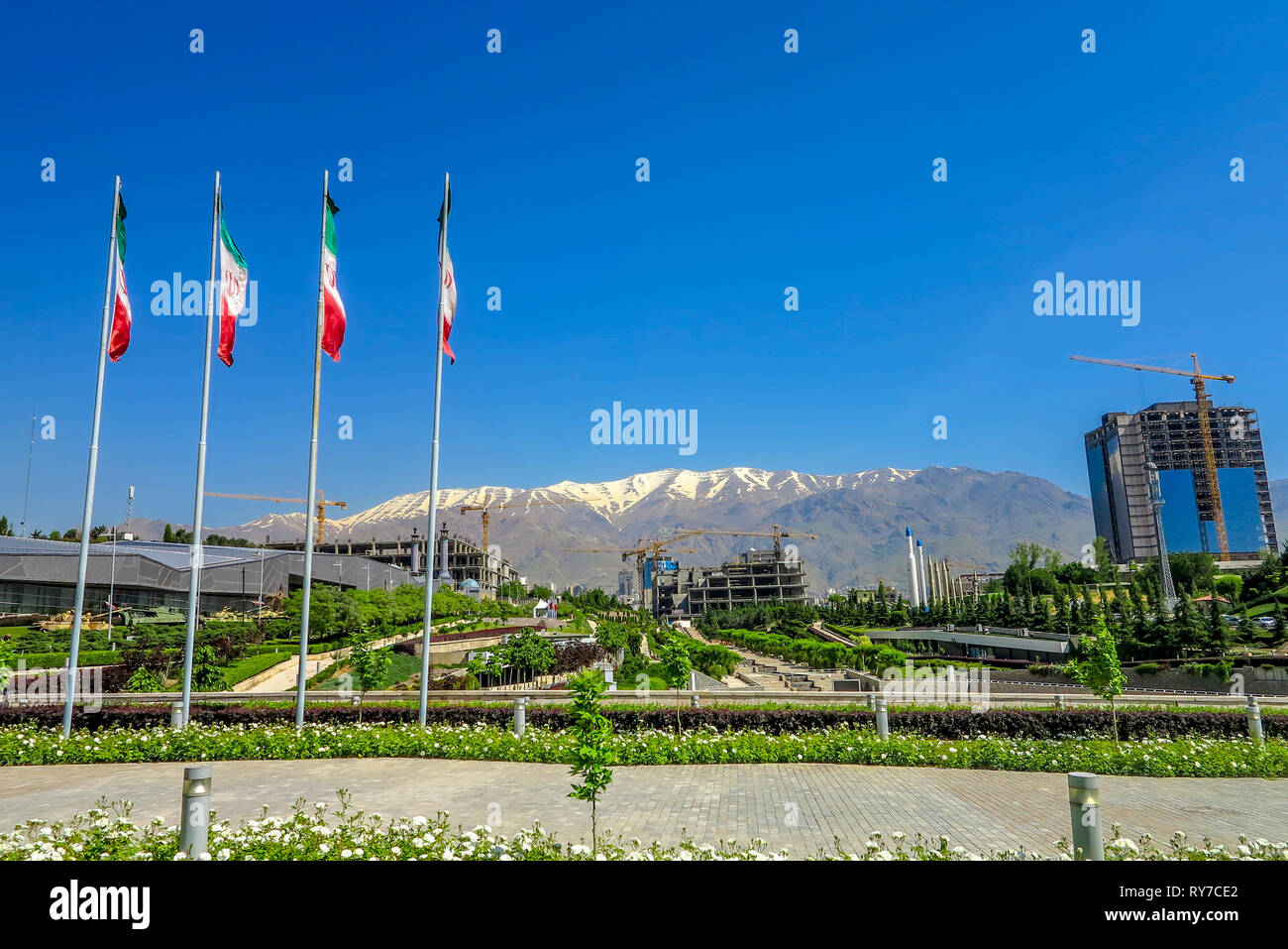 Tehran Ab-o Atash Park with View of Snow Capped Mount Tochal Alborz and ...