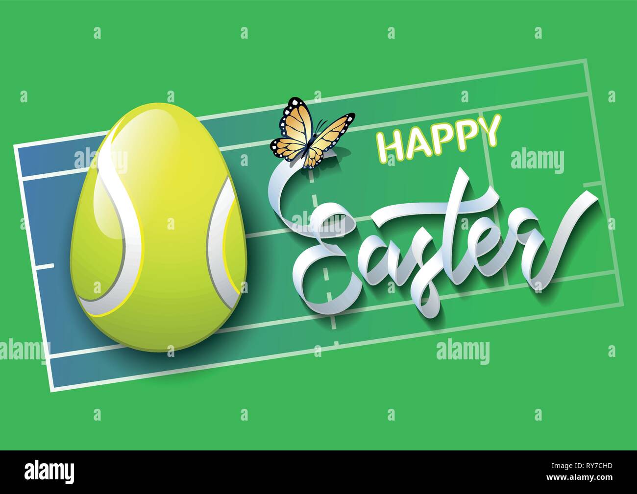 Happy Easter. Easter egg in the form of a tennis ball on a tennis court ...