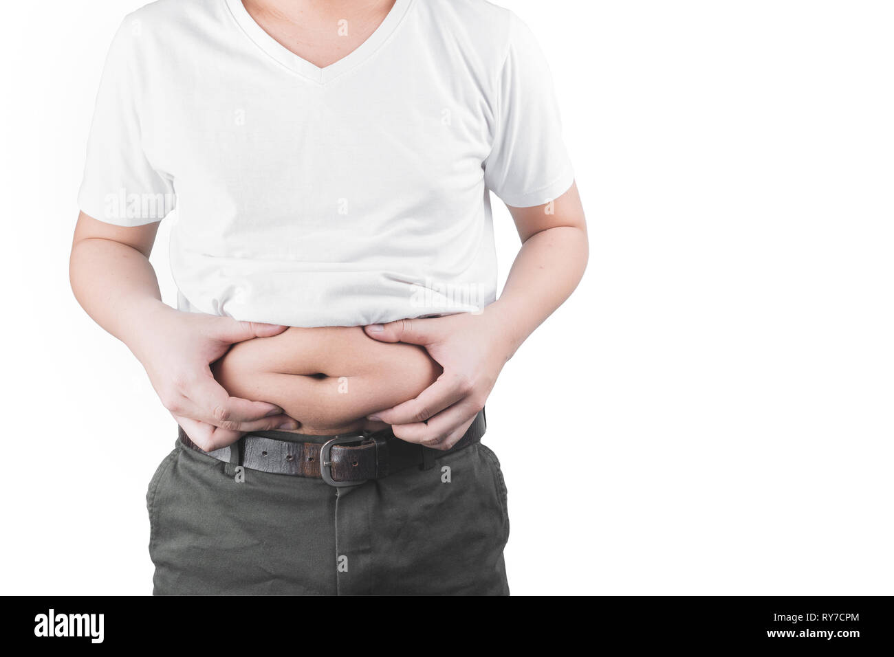 Obese Asian men use hands to grip the fat area. Obesity healthcare and ...