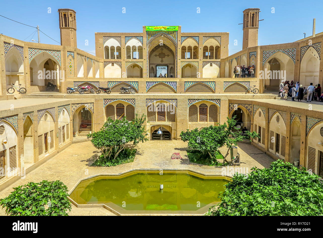 Kashan Agha Bozorg Mosque Madrasa Courtyard with Windcatcher Towers and ...