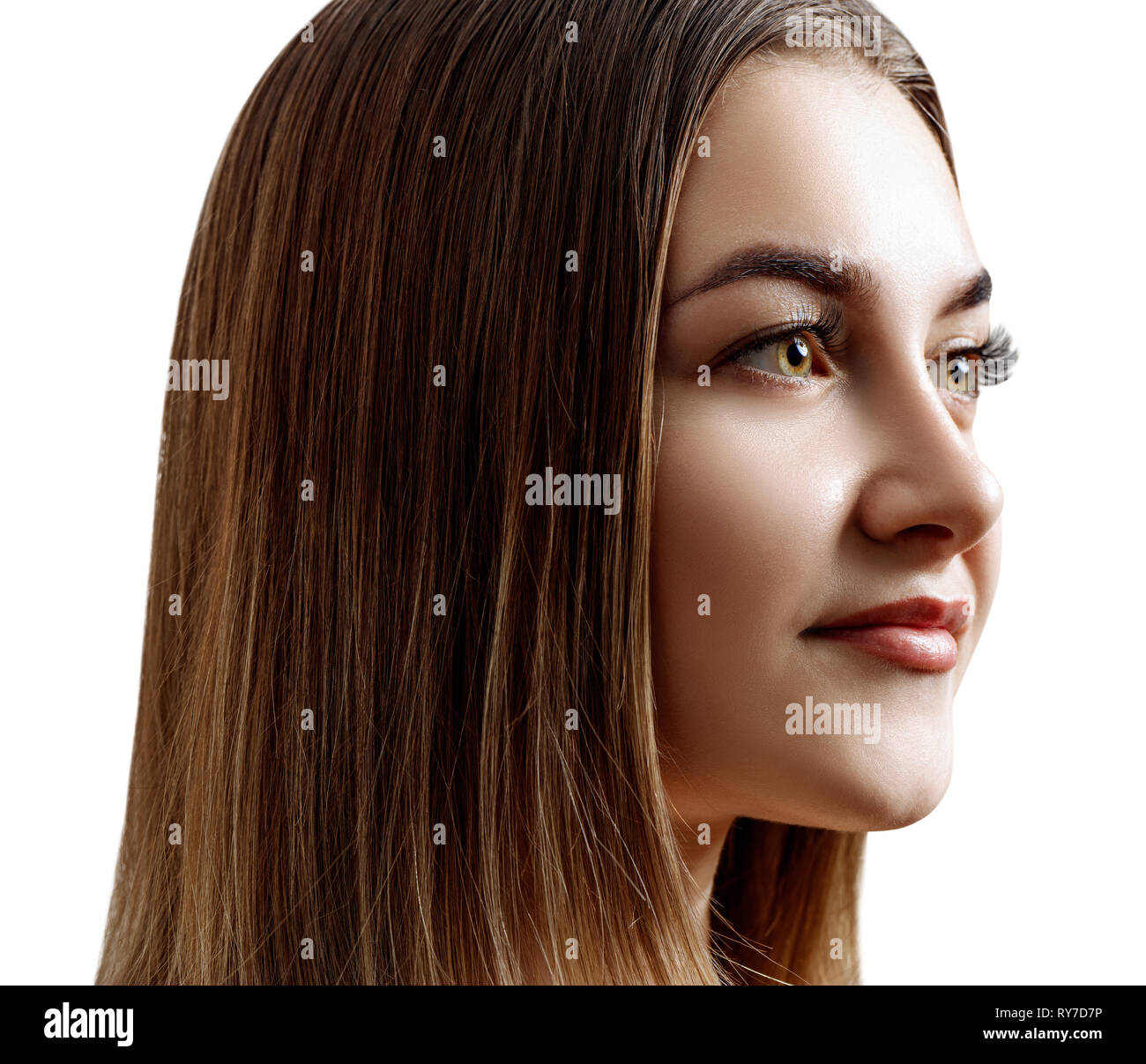 Side view on beautiful female face with perfect skin. Over white ...