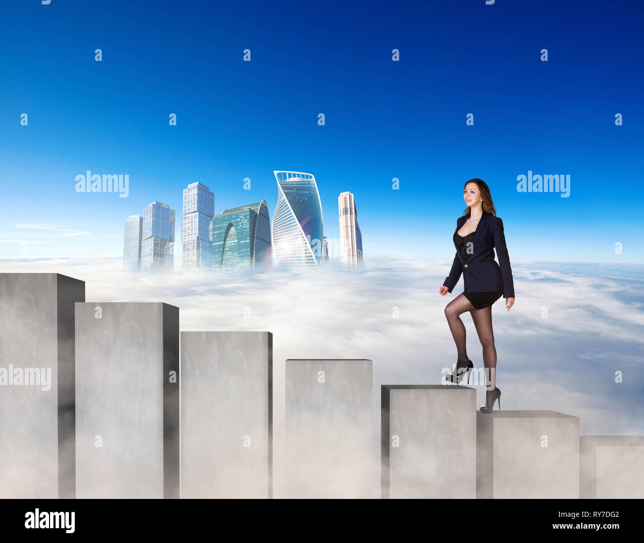 Business woman walking on the concrete stairs blocks. Concept of ...