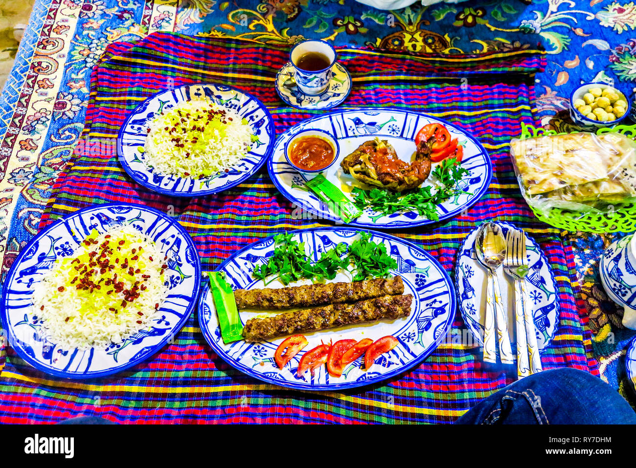 Iranian Beef Lamb Koobideh with Rice Cutlery and Tea on a Blanket Stock ...