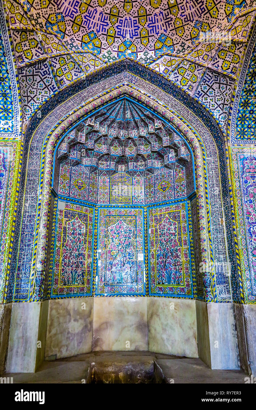 Shiraz Vakil Mosque Blue and Yellow Tiles Ornament Mihrab Facade Stock ...