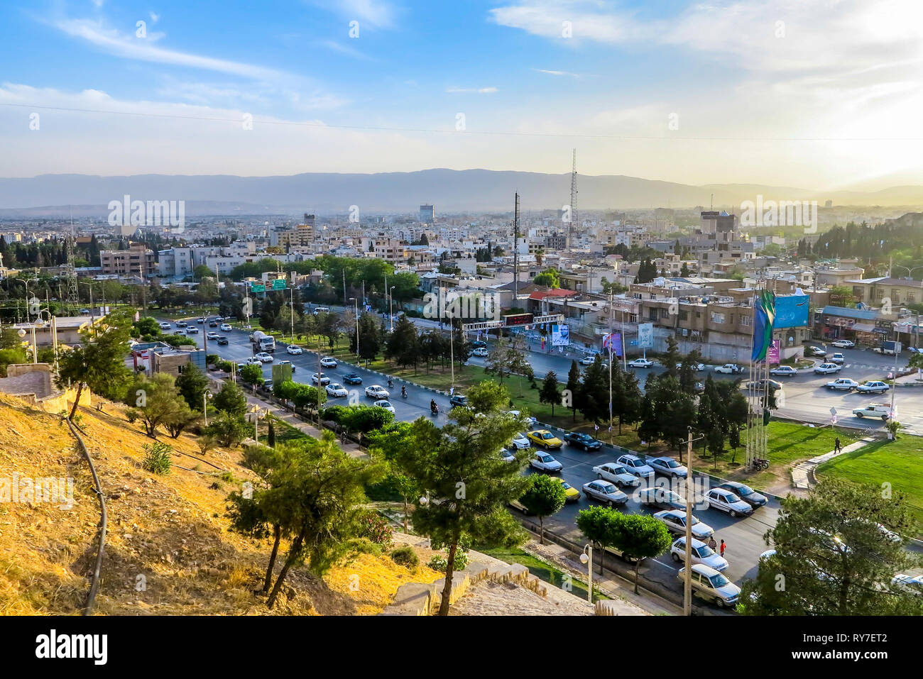 Shiraz Quran Gate Cityscape View Point at Sunset with Busy Road Traffic ...