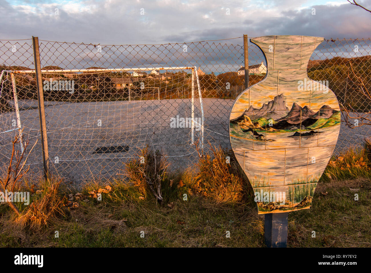 Highland Stoneware pottery art work beside village football pitch in ...
