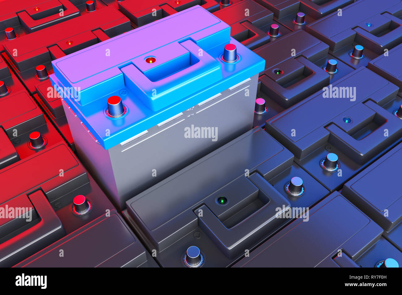 3D rendering. Many car battery on multicolor background. Acid battery ...