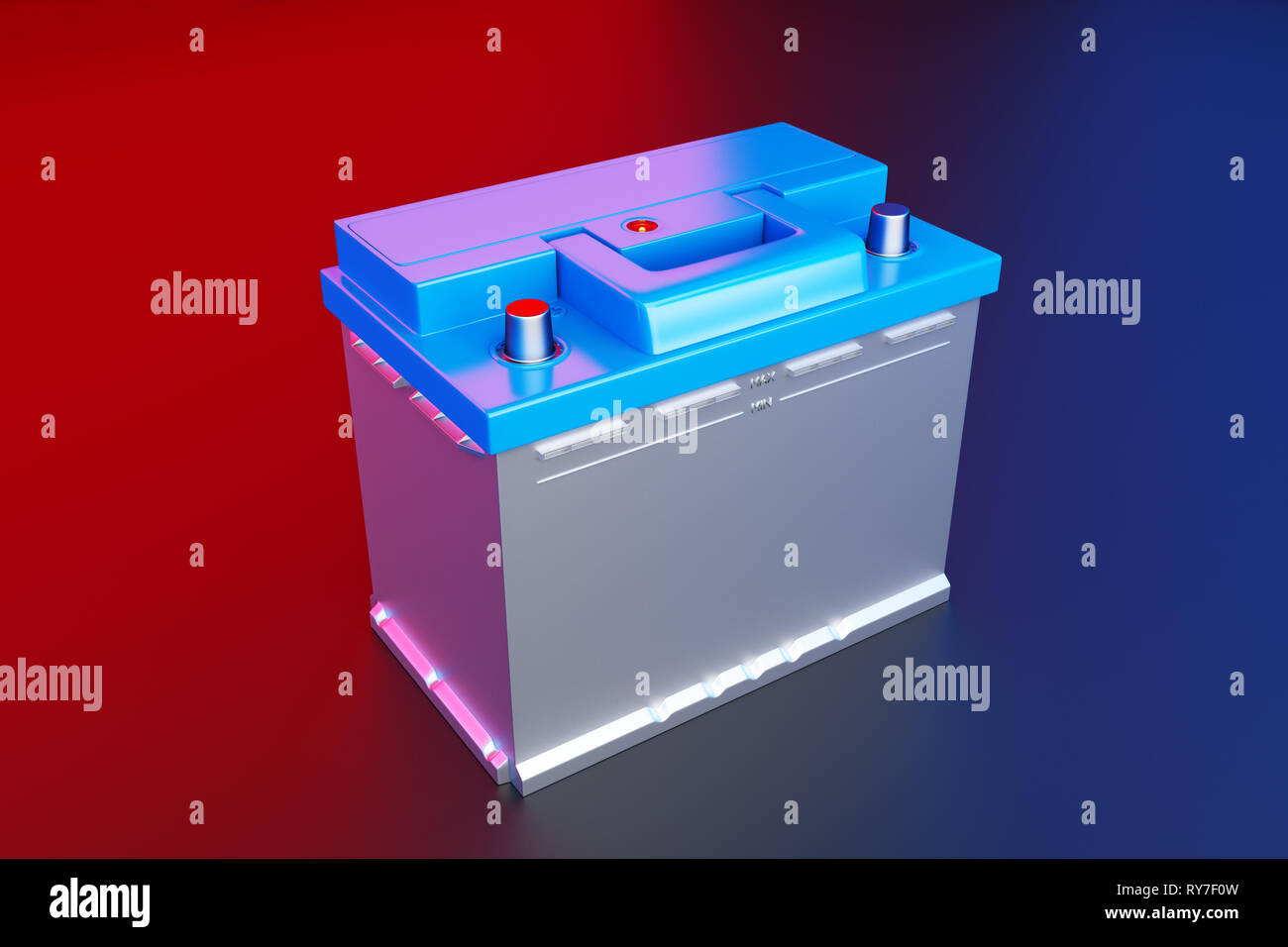 3D rendering. Car battery on multicolor background. Acid battery for ...