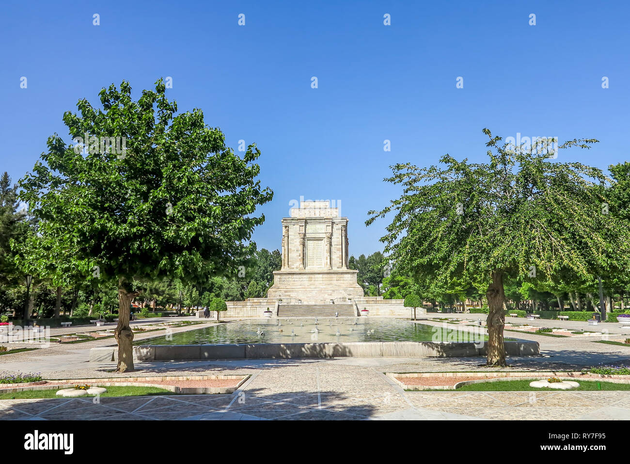 Tus Tomb of Ferdowsi Frontal View Point with Two Trees and Pool Stock ...
