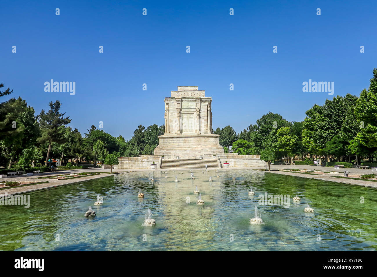 Tus Tomb of Ferdowsi Frontal View Point with Fountains and Pool Stock ...