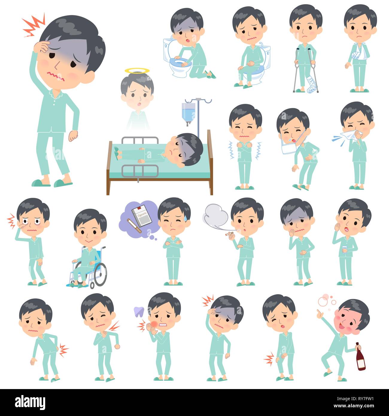 A set of patient young man with injury and illness.There are actions ...