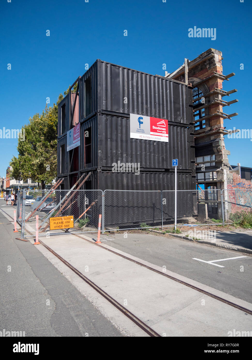 Shipping containers used to prop up damaged buidlings after the 2011 ...