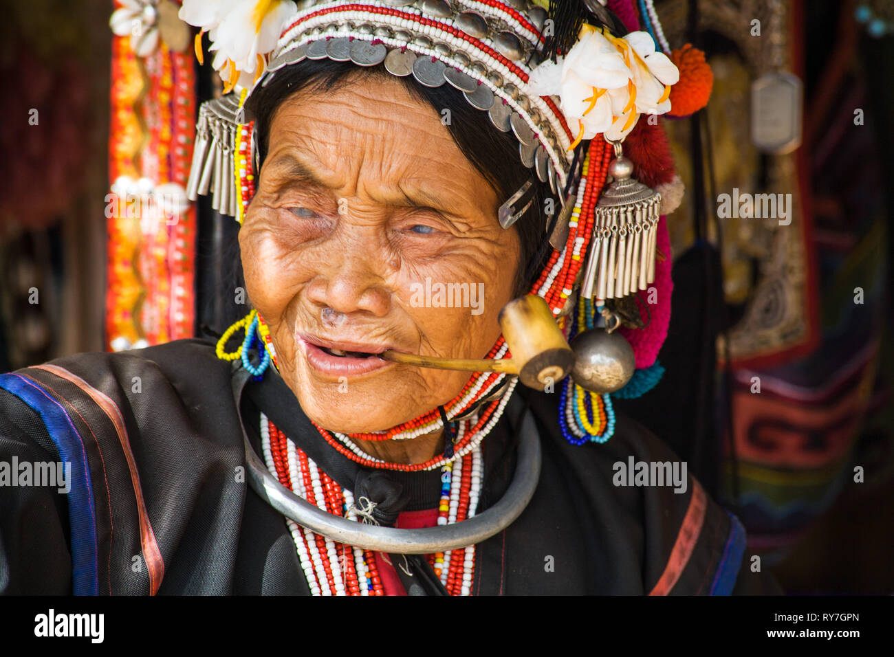 Old Akha woman, Chiang Mai Province, Thailand. The Akha are among the ...